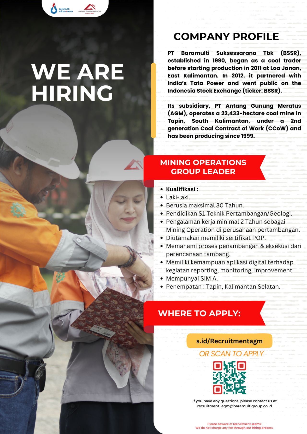 Mining Operation Group Leader – Lowongan Kerja Tambang